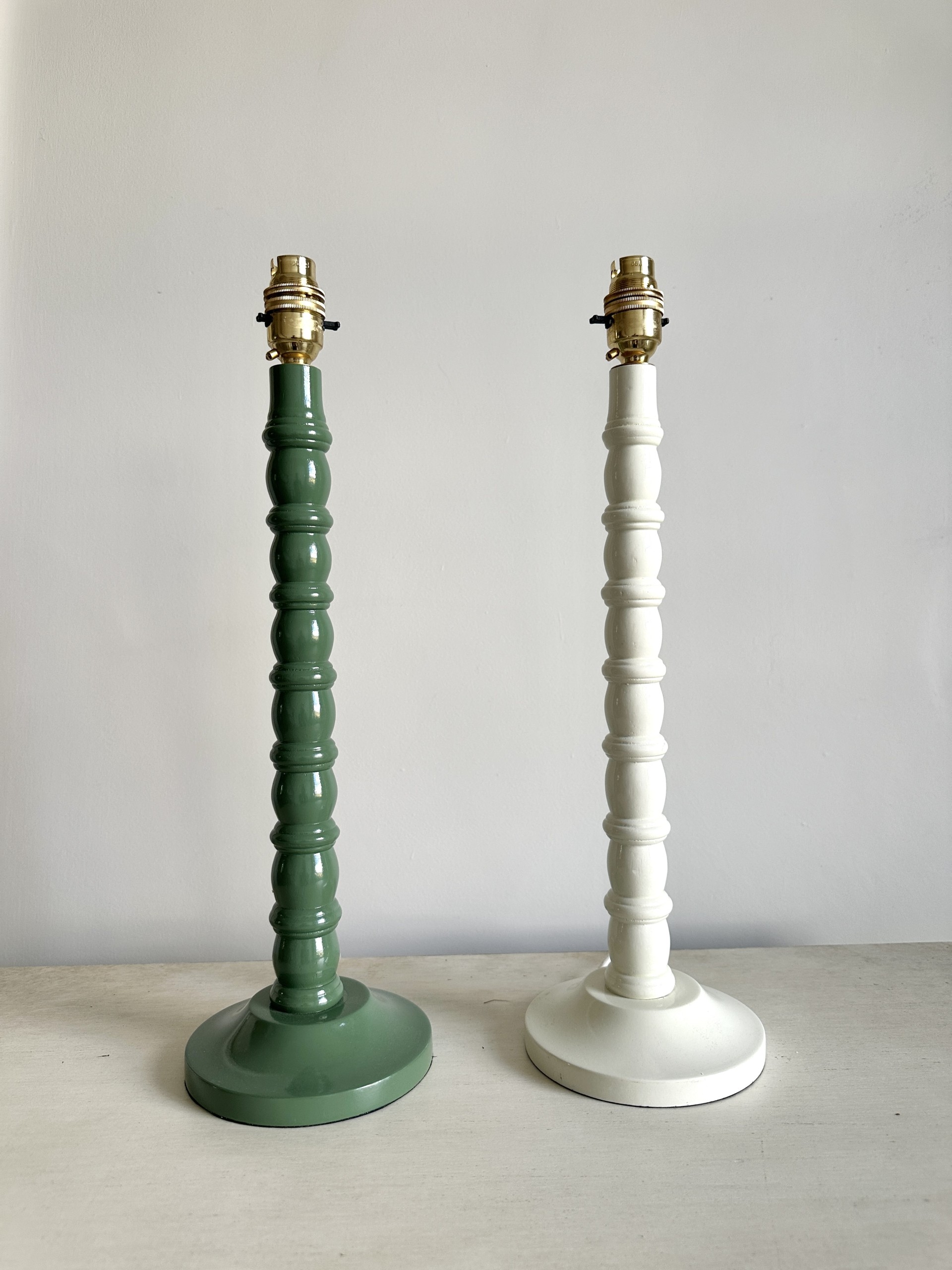 Ivory and Moss Green bobbin painted wooden lamp bases – The Glorious Edit